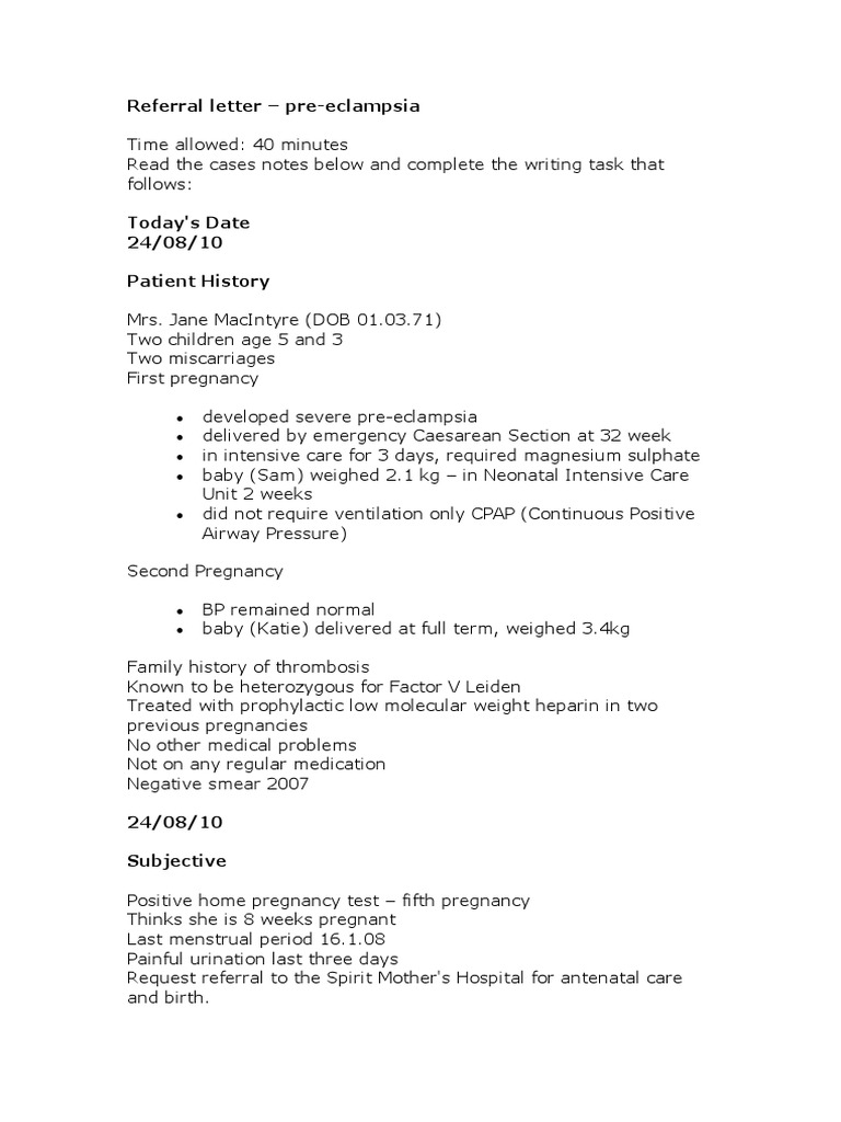 Referral Letter - Pre-Eclampsia | PDF | Pregnancy | Human Pregnancy