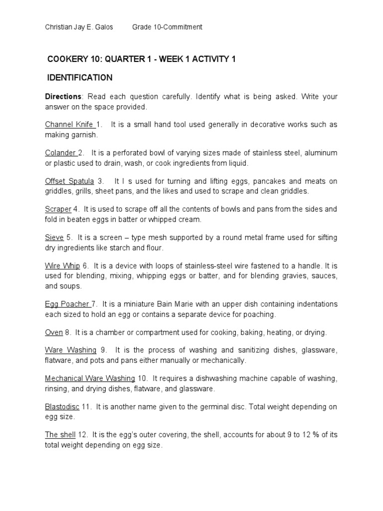Cookery 10 - Quarter 1 - Week 1 Activity 1 | PDF | Egg As Food | Yolk