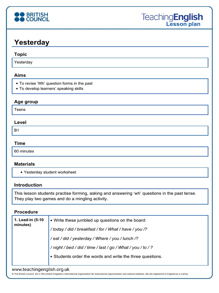 Yesterday Lesson Plan - 0 | PDF | Question | Lesson Plan