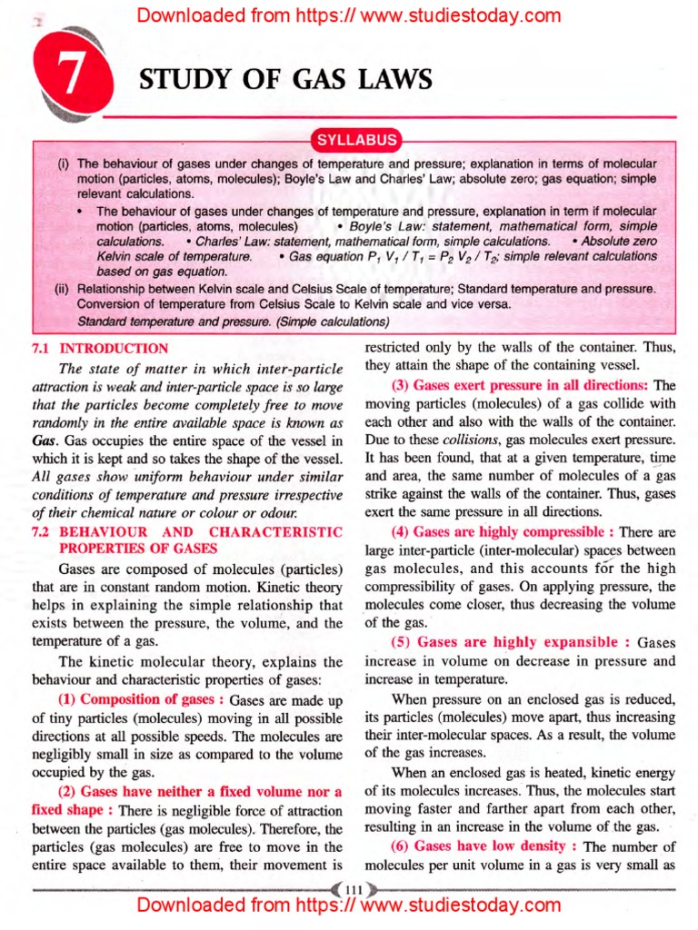ICSE Class 9 Chemistry Chapter 07 Study of Gas Laws | PDF