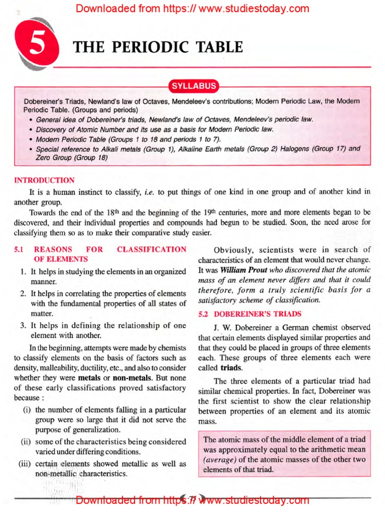 Icse Class 9 Chemistry Chapter 05 The Periodic Table Pdf