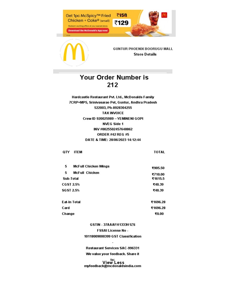 McDonald's Guntur Invoice | PDF