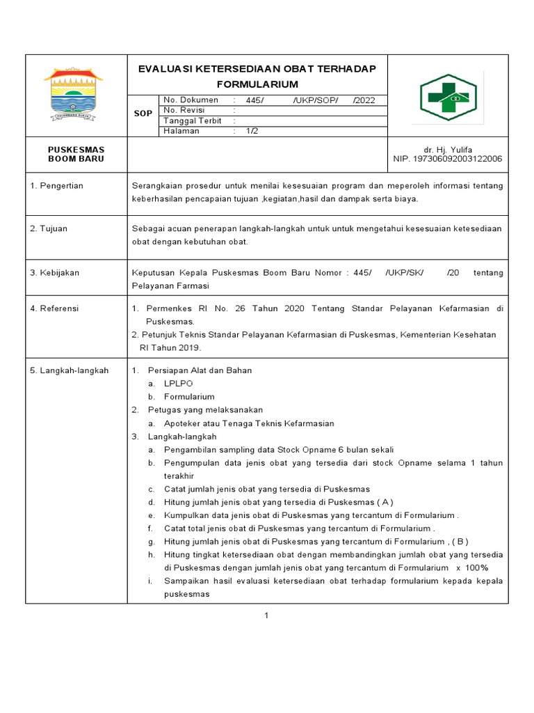 SOP Evaluasi Ketersediaan Obat Terhadap Formularium - Revisi | PDF