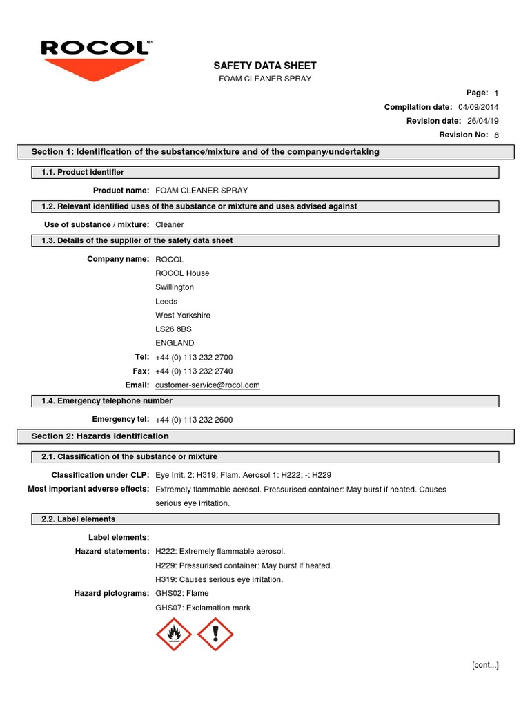 Foam Cleaner Spray (EN - SDS) | PDF | Firefighter | Waste Management