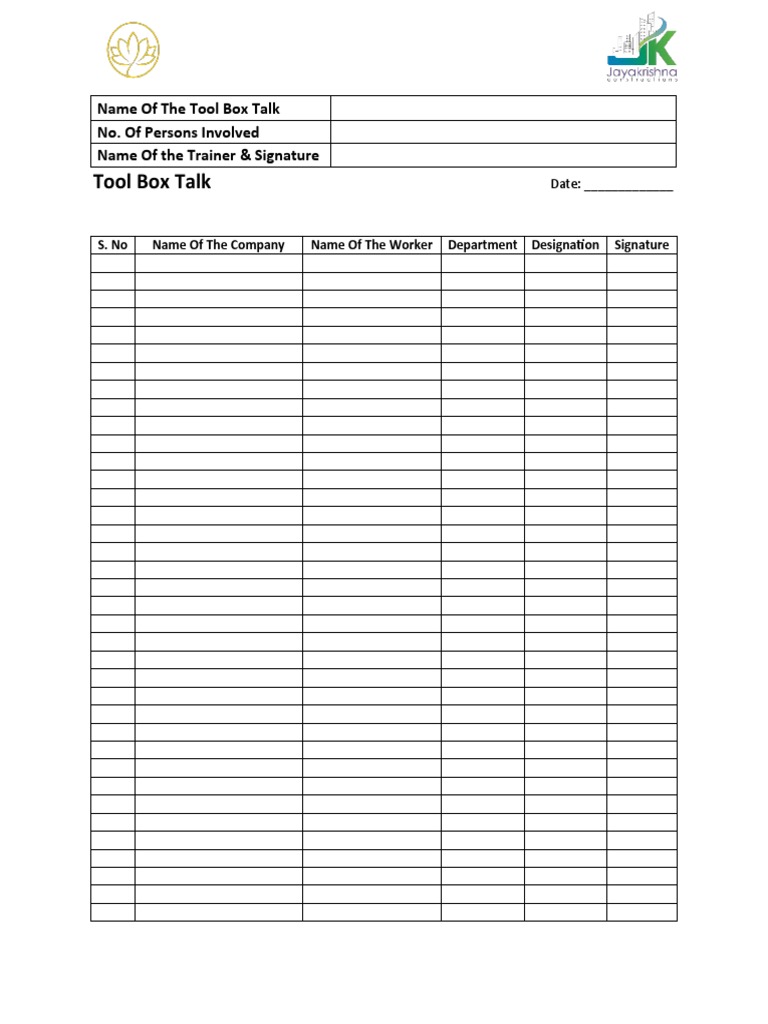 Tool Box Talk Attendance Log | PDF