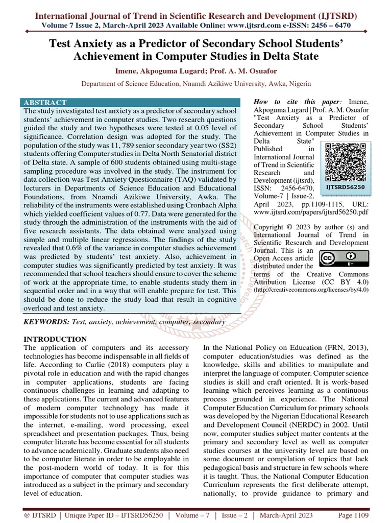Test Anxiety As A Predictor of Secondary School Students' Achievement ...