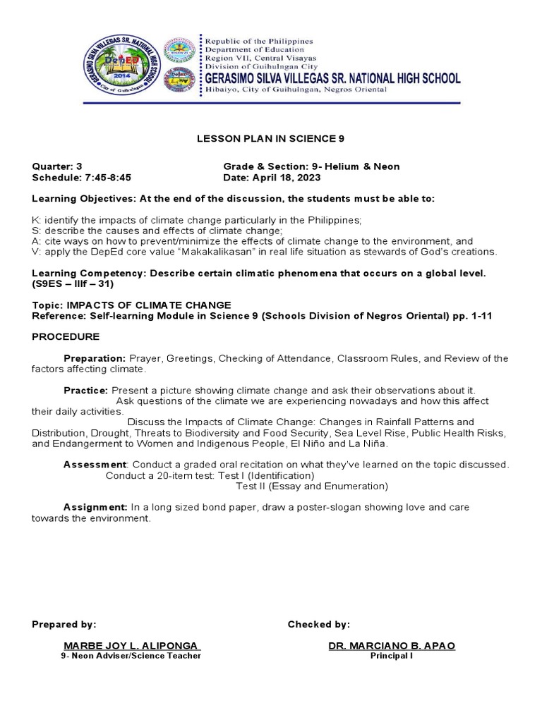 Lesson Plan in Science 9 | PDF