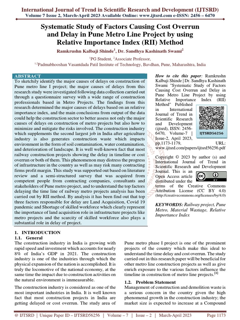Systematic Study of Factors Causing Cost Overrun and Delay in Pune Metro Line Project by Using ...