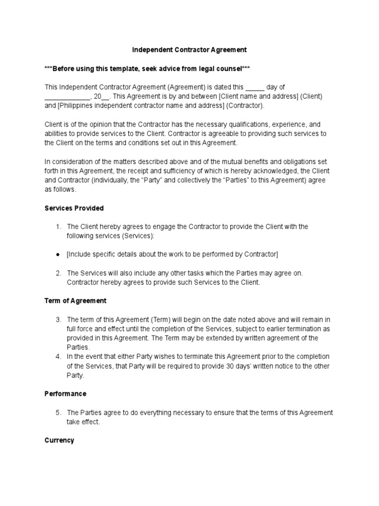 Independent Contractor Agreement Philippines Template | PDF | Indemnity | Private Law