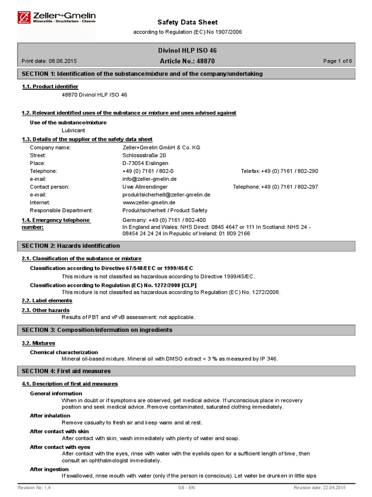 Divinol HLP ISO 46 Safety Data Sheet | PDF | Physical Sciences ...