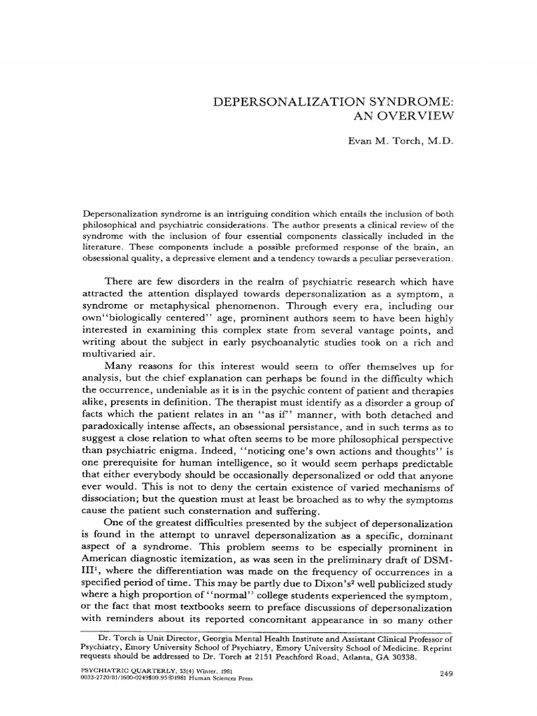 Overview of Depersonalization Syndrome | PDF | Mental Disorder | Major ...
