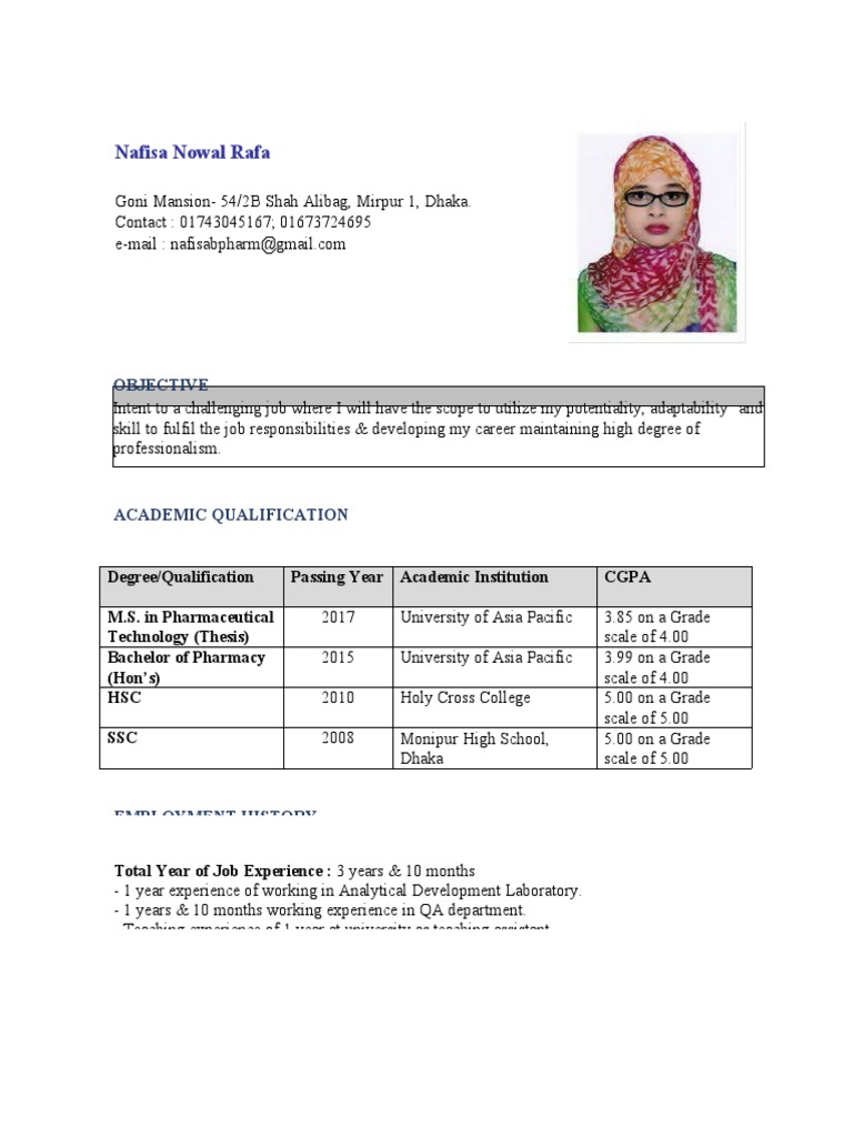 CV Nafisa Nowal Rafa-Doc-Updated | PDF | High Performance Liquid Chromatography | Pharmacy