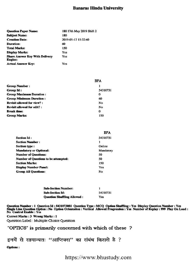 Bhu Entrance Exam Question Paper Bfa 2019 | PDF