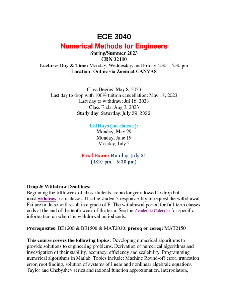 ECE+3040 Syllabus Spsu2023 | PDF | Numerical Analysis | Mathematical ...