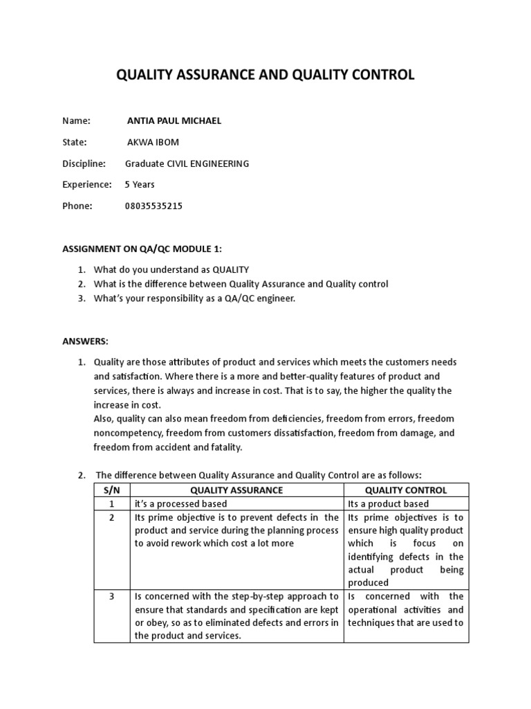 Quality Assurance and Quality Control Course Assesments | PDF
