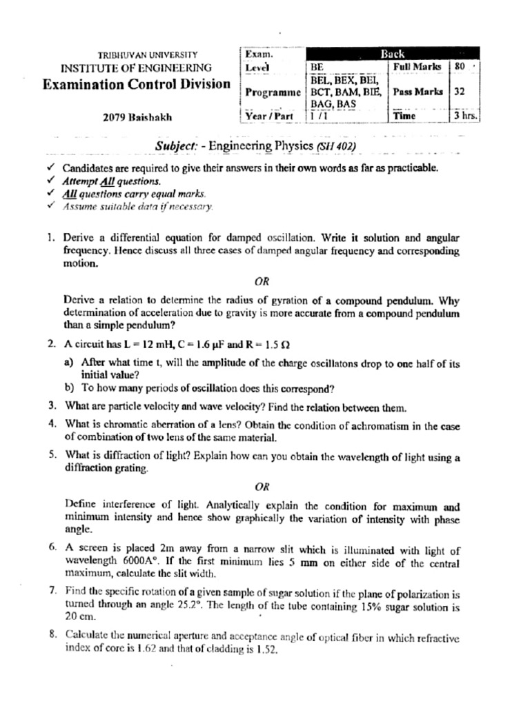 IOE First Semester Physics Past Questions | PDF IOE First Semester Physics Past Questions | PDF