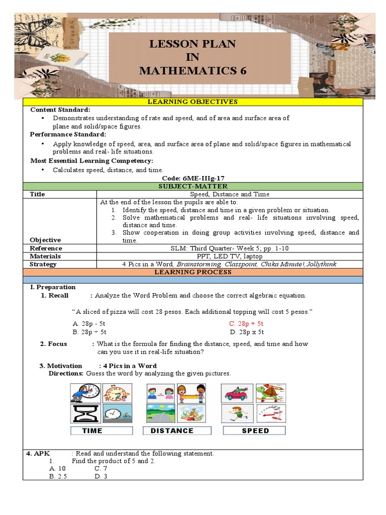 Mathematics 6 - Quarter 3-Kat | PDF | Speed | Distance