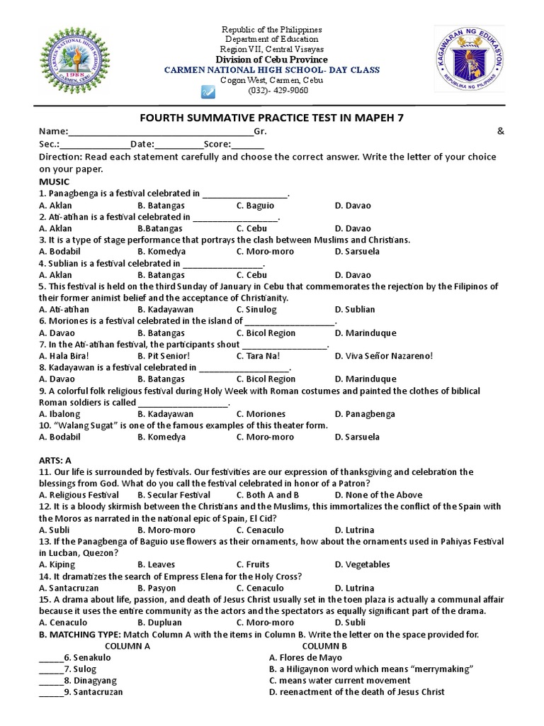 4th Quarter Summative Test Mapeh 7 | PDF | Cancer | Allergy