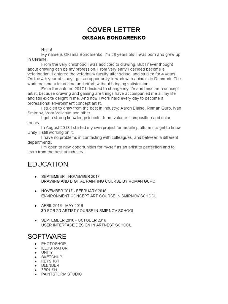 Oksana Bondarenko Cover Letter | PDF