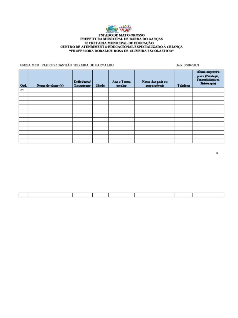 MODELO - Ficha de Alunos Inclusos Das Escolas para o CAEE 2021 | PDF