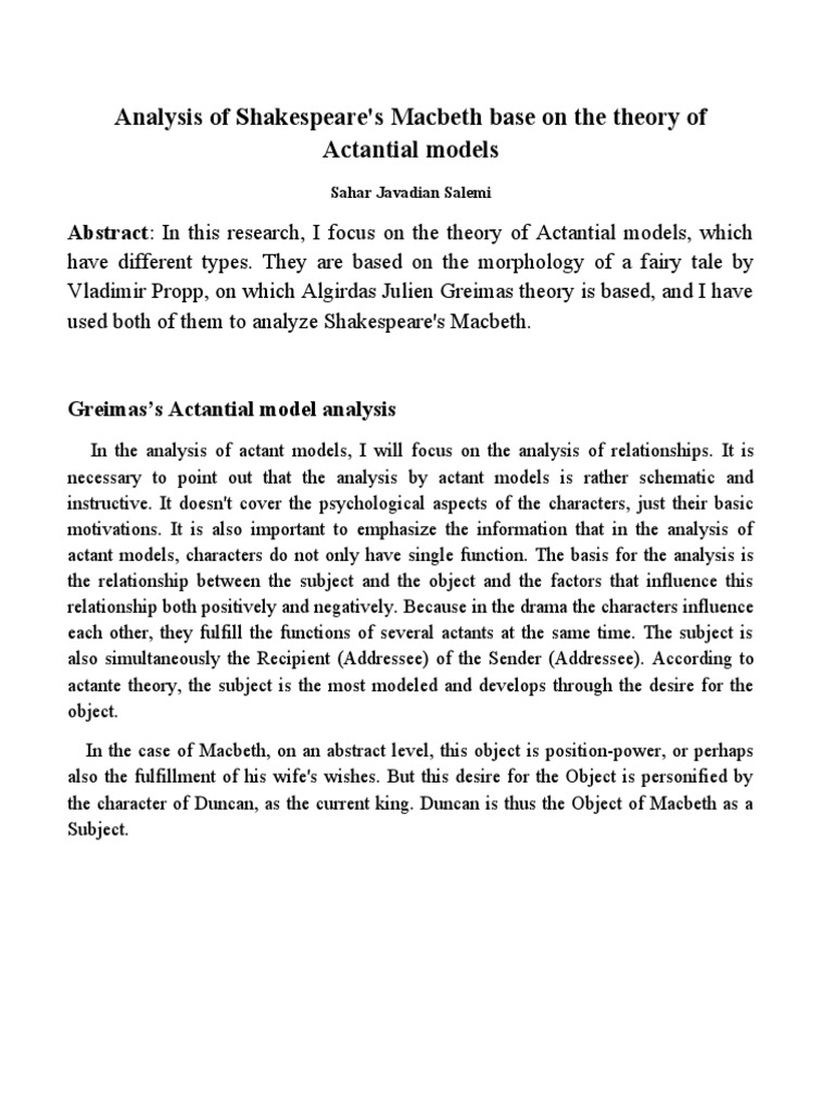Macbeth: Actantial Model Analysis | PDF | Macbeth