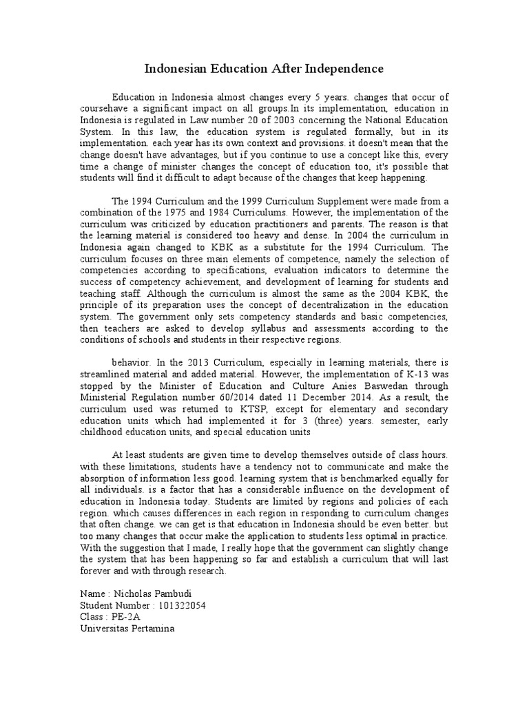 ESSAY-Nicholas Pambudi-PE-2A UPER | PDF | Curriculum | Behavior Modification