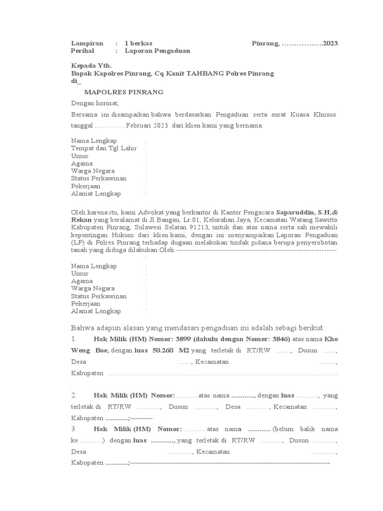 CONTOH LP Pengaduan Penyerobotan Tanah | PDF | Hukum