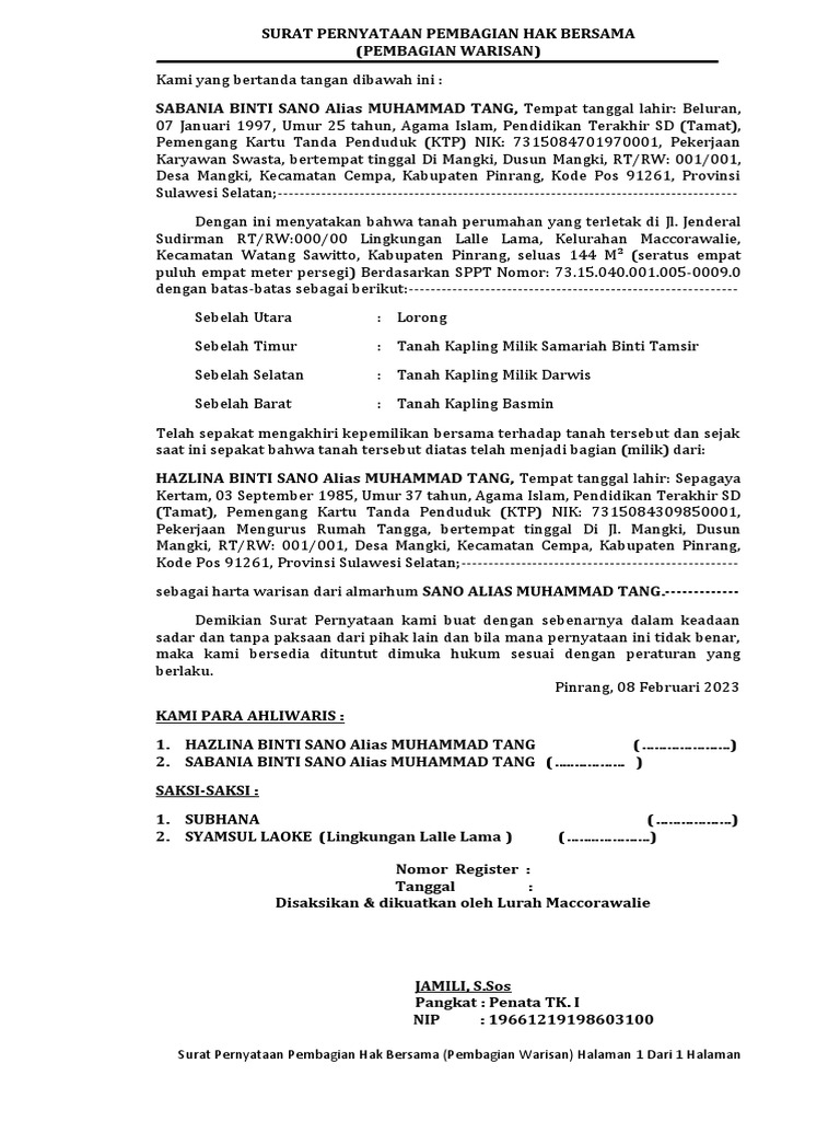 Contoh Surat Pernyataan Pembagian Hak Bersama | PDF Contoh Surat Pernyataan Pembagian Hak Bersama | PDF