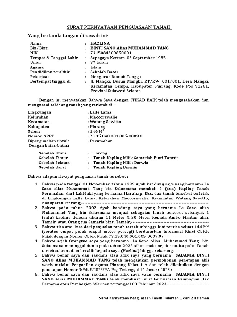 Surat Pernyataan Kepemilikan Tanah | PDF