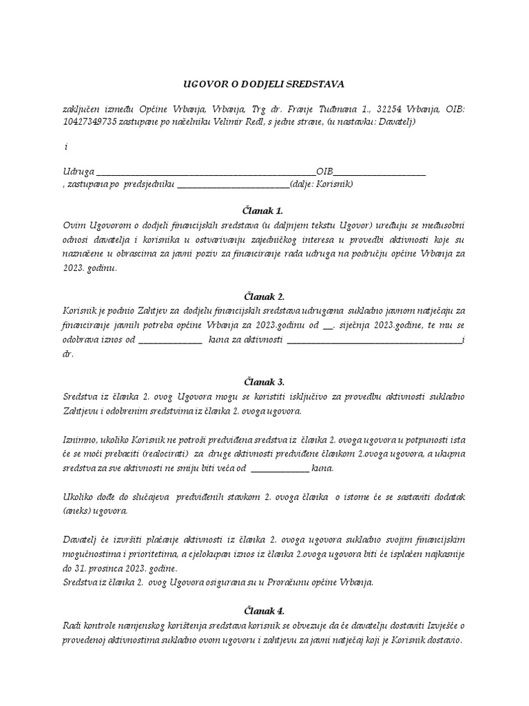 Ugovor o Dodjeli Sredstava 2023. | PDF