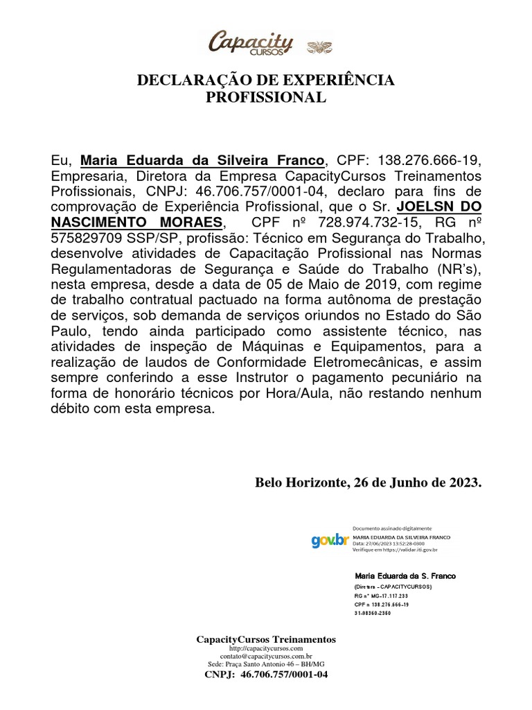 Declaracao de Experiencia - Joelson Assinado | PDF