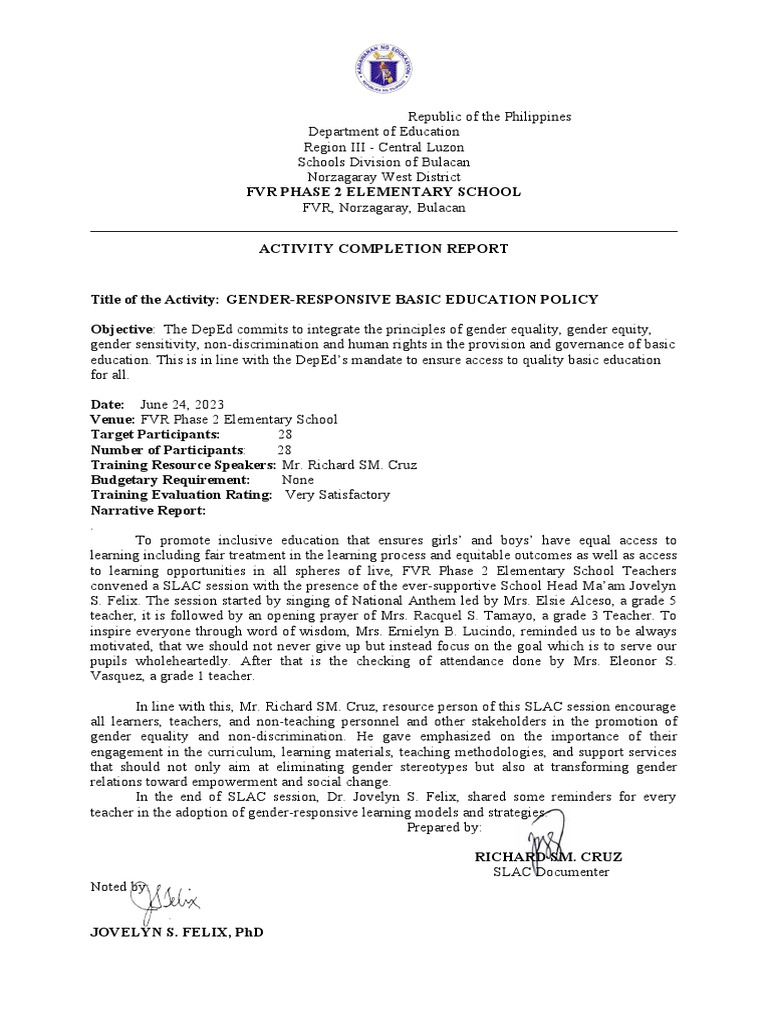 GAD Narrative Report | PDF | Teachers | Gender Equality