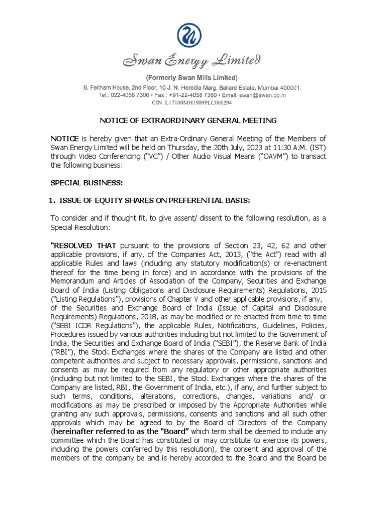 Notice of Egm 2023 - Swan Energy | PDF | Login | Password