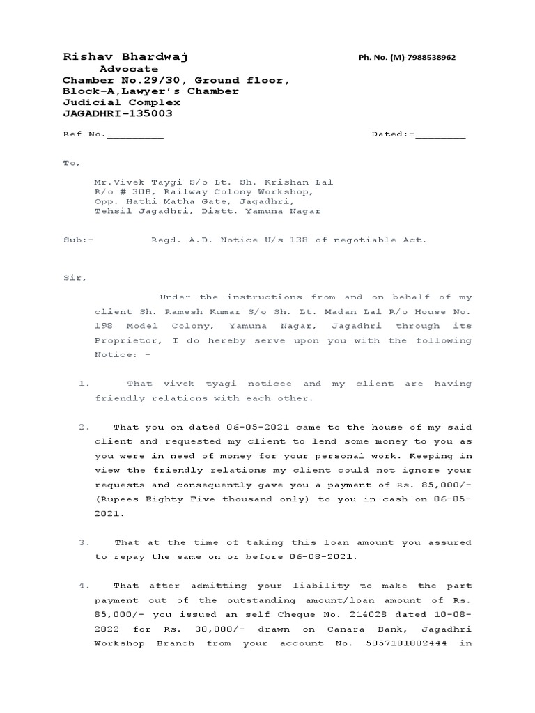 138 NI Act Format | PDF | Cheque | Money