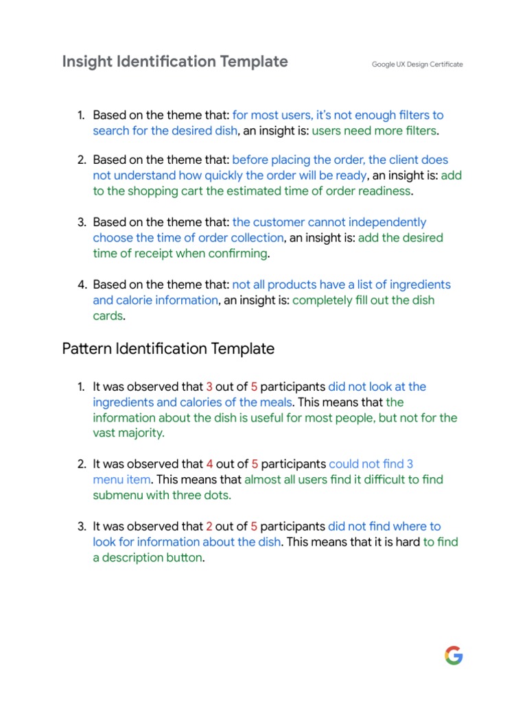 Google UX Design Certificate - Insight Identification (Template) | PDF