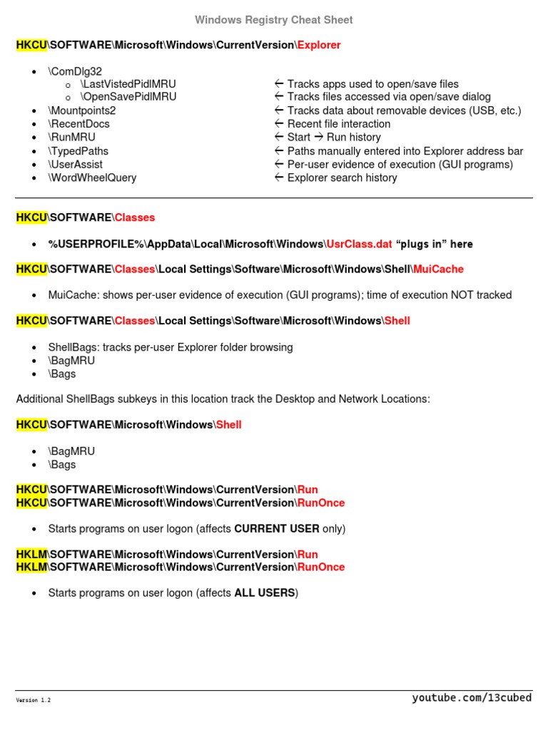 Windows Registry Cheat Sheet | PDF | Windows Registry | Microsoft Windows