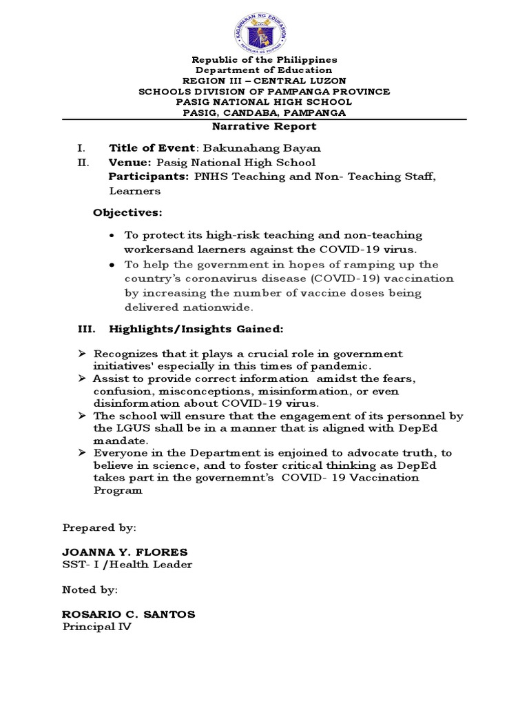 Narrative Report Bakunahang Bayan | PDF