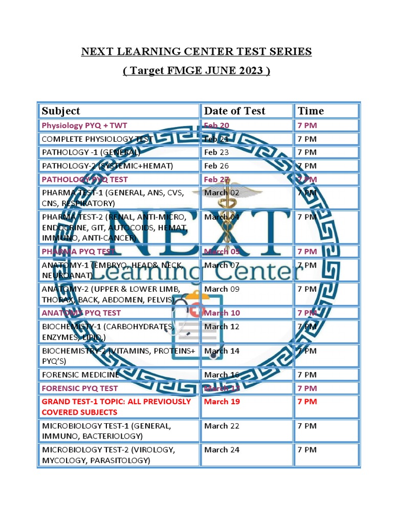 Next Learning Center Test Series (Target FMGE JUNE 2023) Subject Date ...