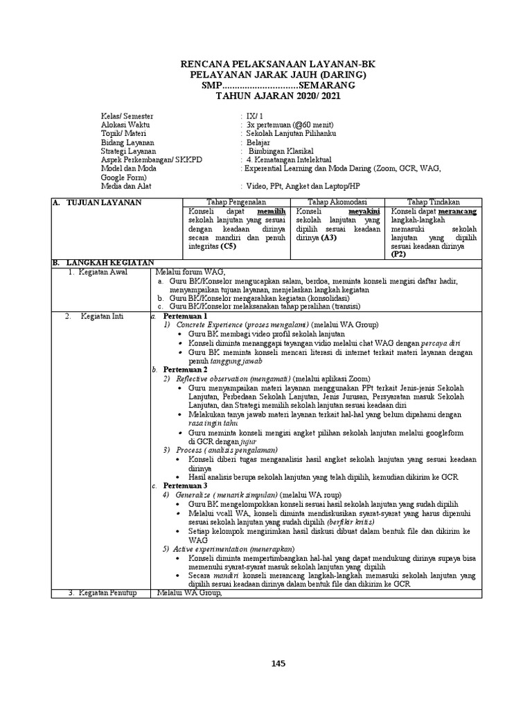 Rencana Pelaksanaan Layanan Pop BK | PDF