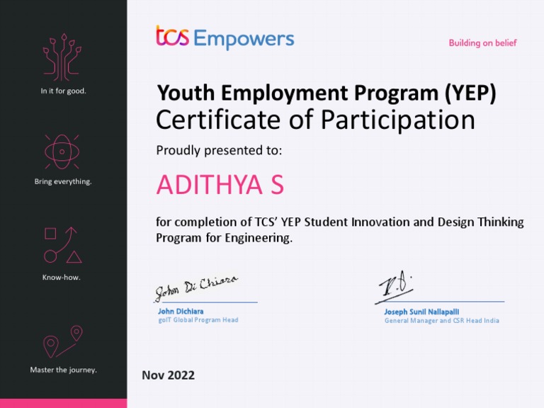 YEP Certificate Adithya | PDF