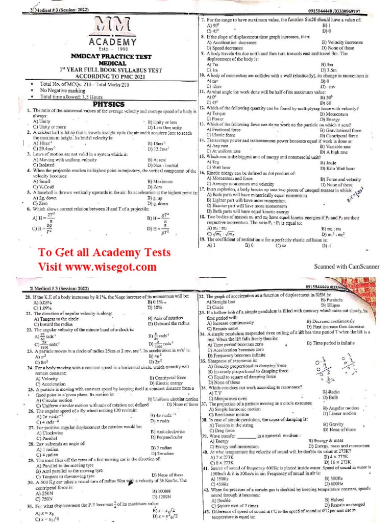 MM Academy 1st Year Full Book Test 3 | PDF