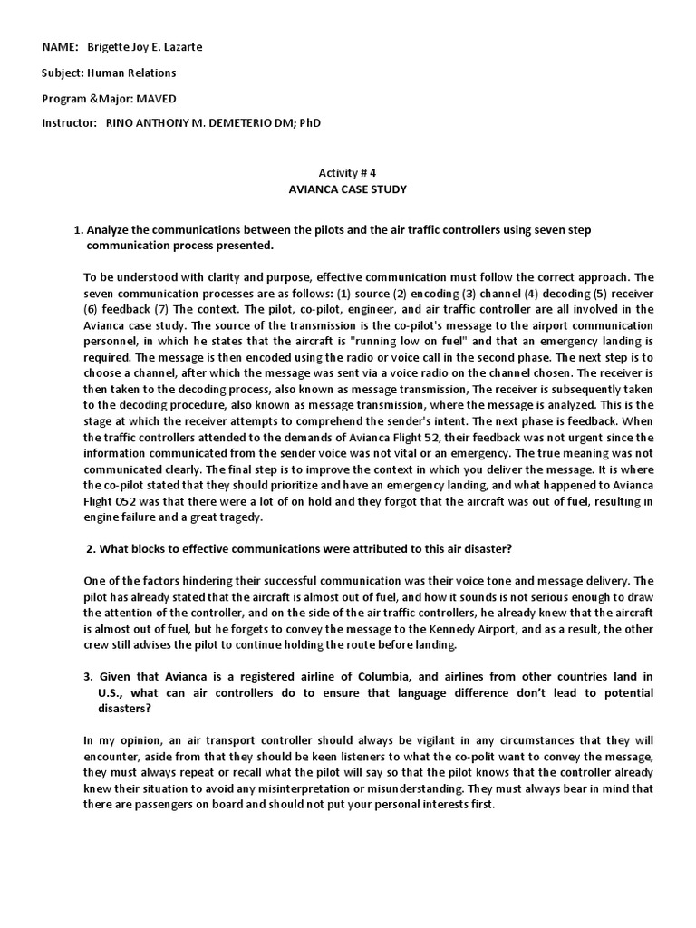 LAZARTE BRIGETTE JOY E. Human Relations Activity Number 5 | PDF | Communication | Airlines