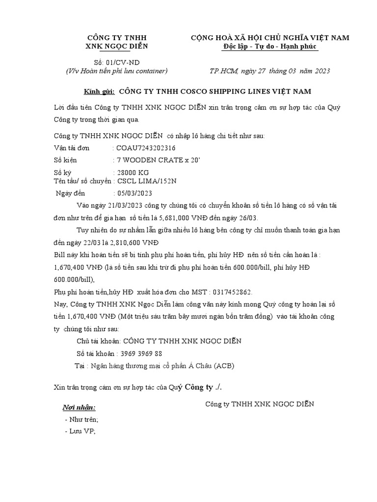 CV Xin Hoàn Tiền Cosco | PDF