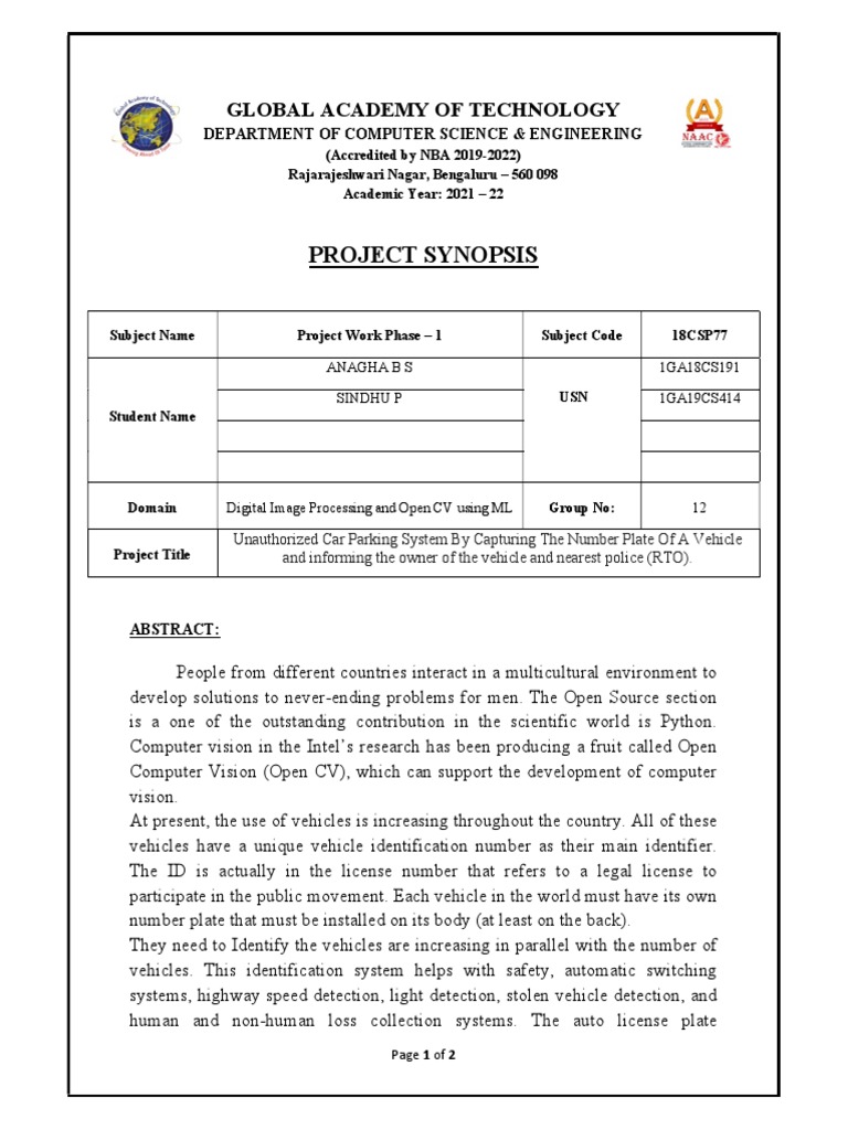 Project Synopsis: Global Academy of Technology | PDF | Vehicle Registration Plate | Computer Vision