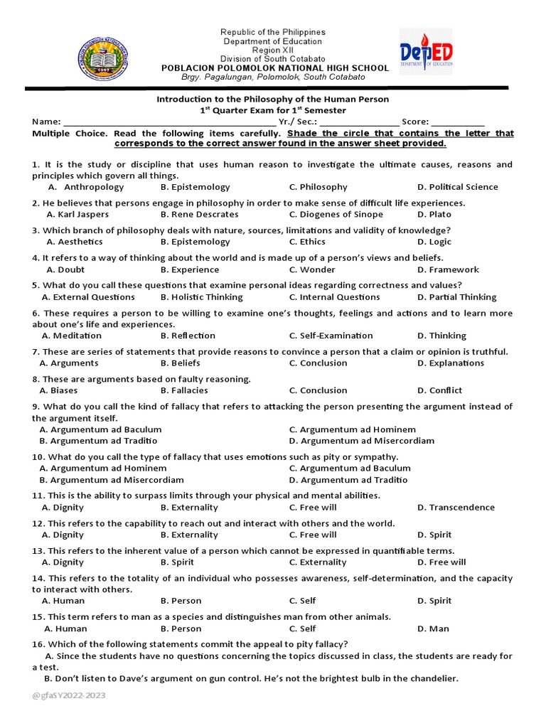 1st Quarter Exam in Intro. To Philo. | PDF | Knowledge | Reason