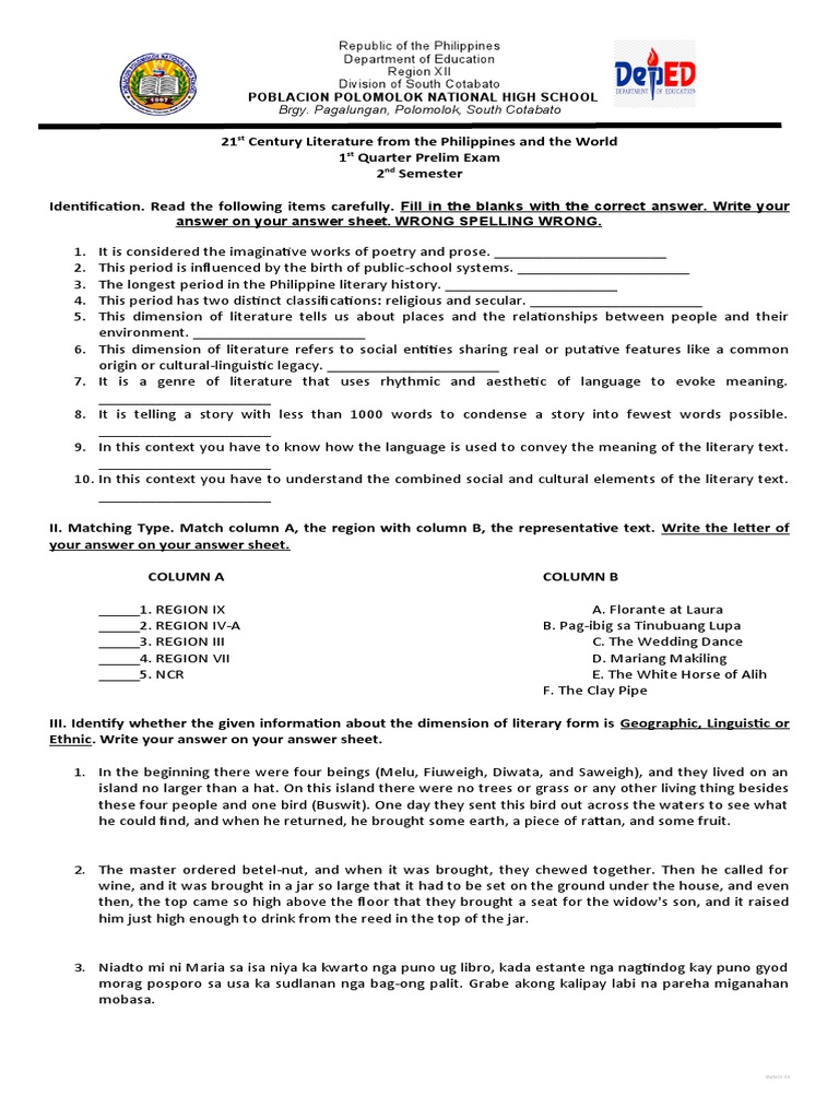 3rd Quarter Prelim Exam | PDF