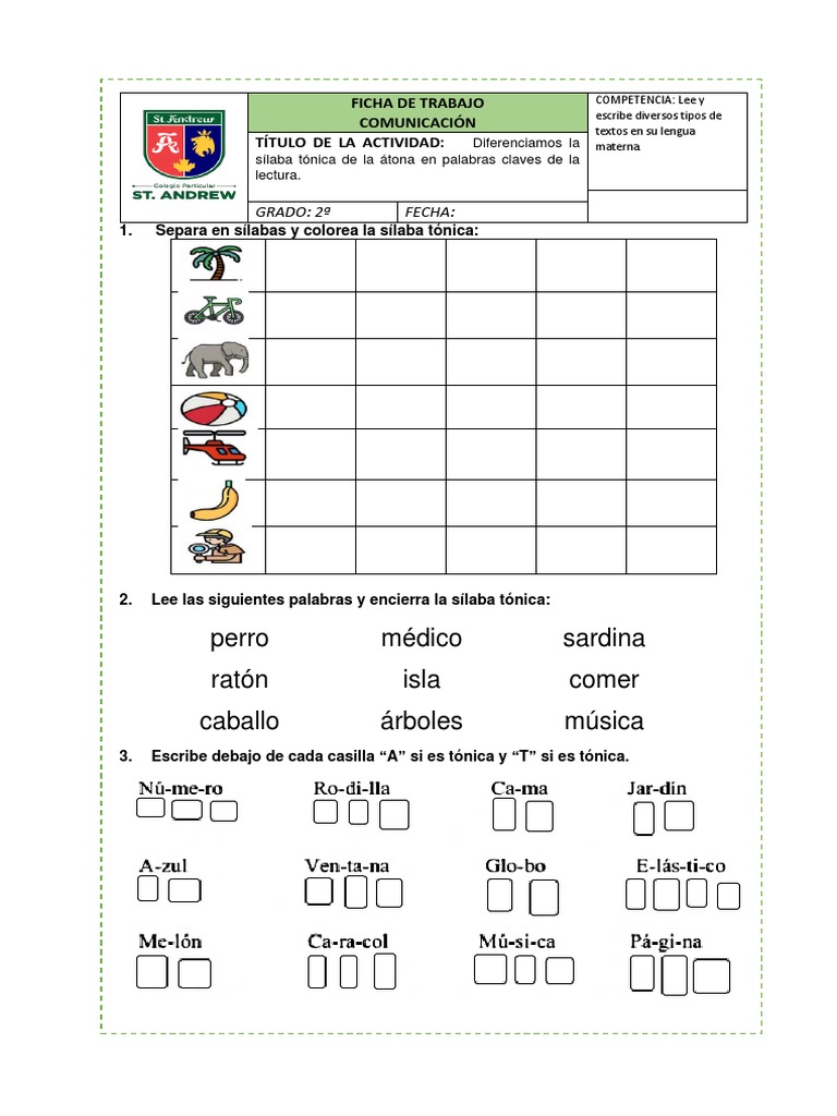 FICHA Sílaba Tónica y Átona | PDF