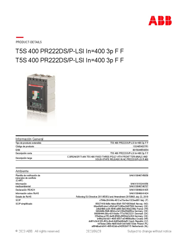 1SDA054337R1 t5s 400 pr222ds P Lsi in 400 3p F F | PDF | Ingenieria ...