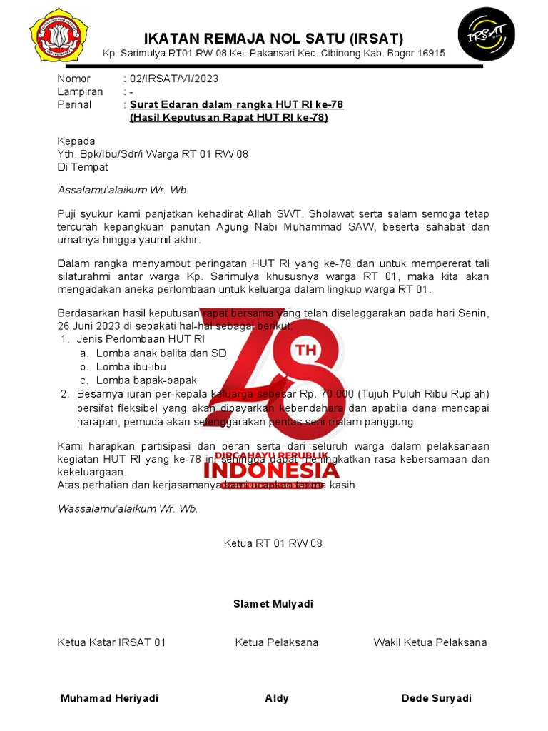 Surat Edaran Warga Iuran Agustusan | PDF | Memasak, Makanan, & Anggur