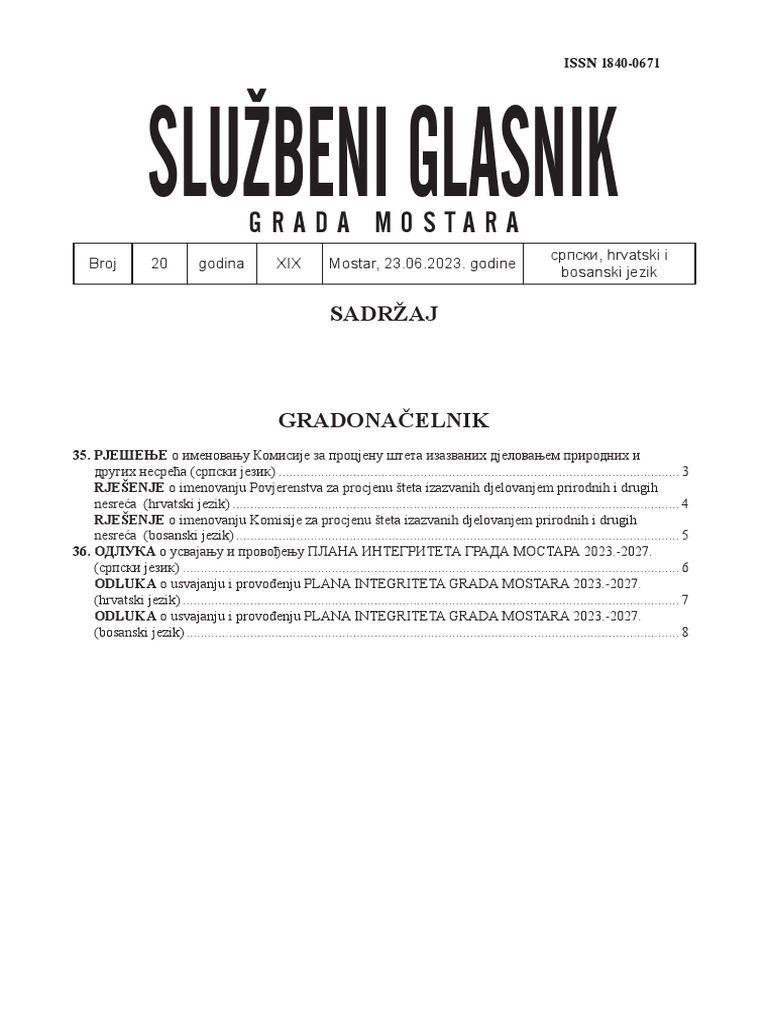 Sluzbeni Glasnik Grada Mostara Broj 20-2023 | PDF